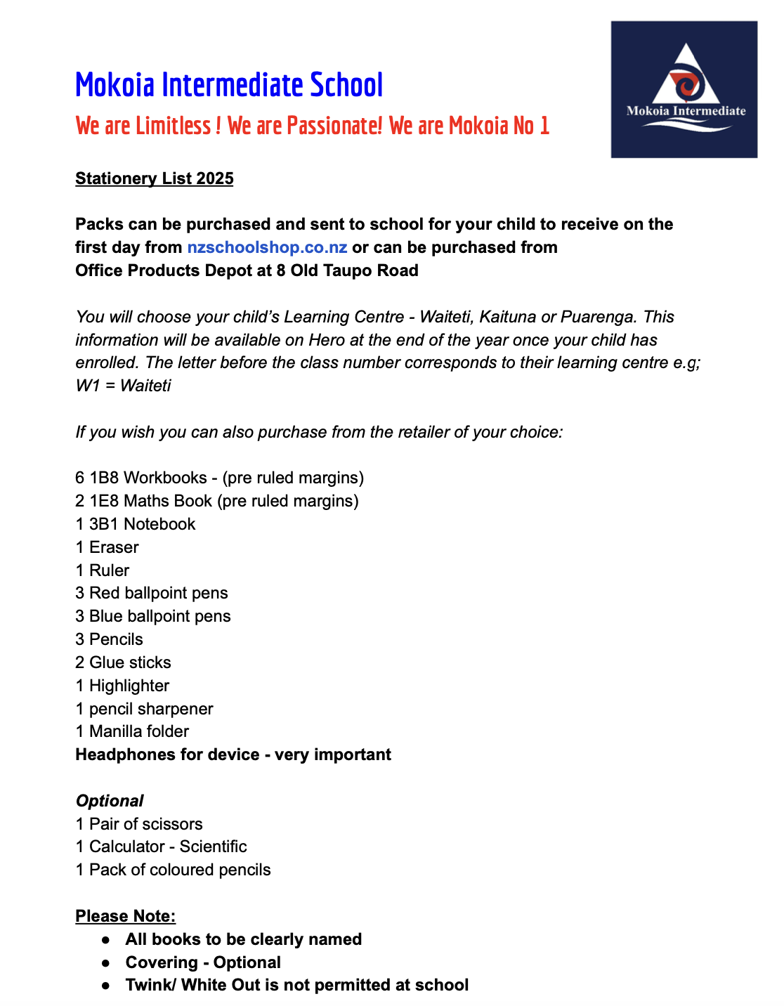Stationery – Mokoia Intermediate School